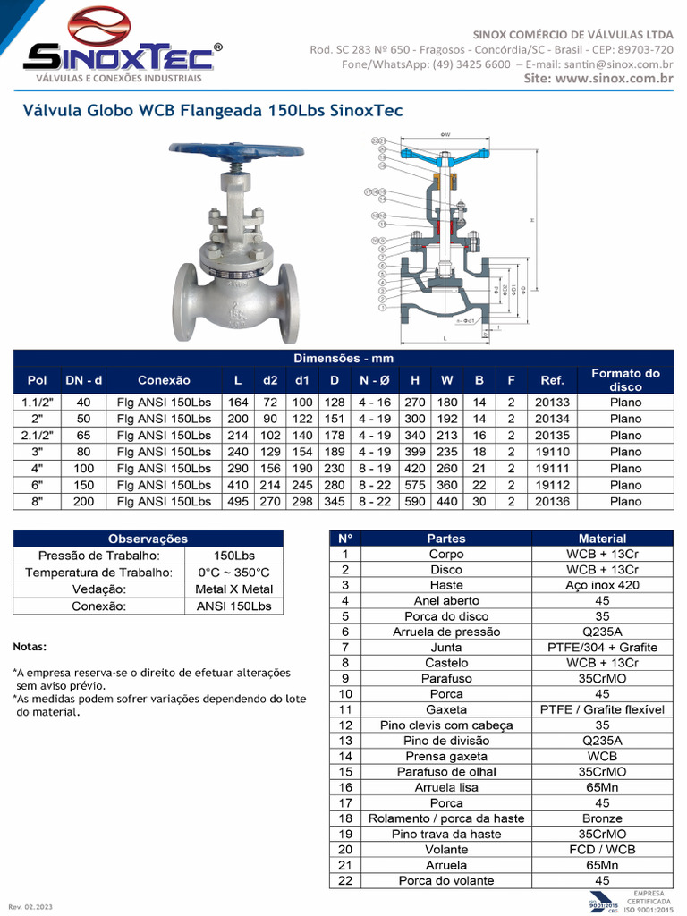 Válvula Globo WCB Flangeada 150Lbs SinoxTec | PDF