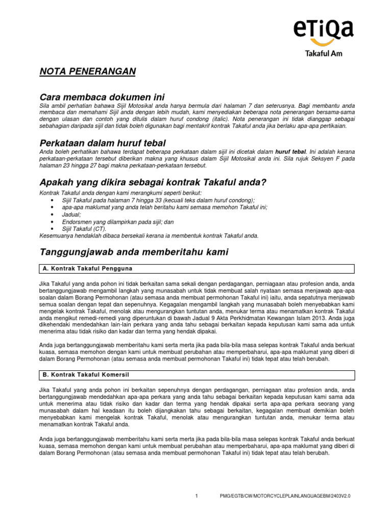 Sijil Takaful MOTOSIKAL | PDF