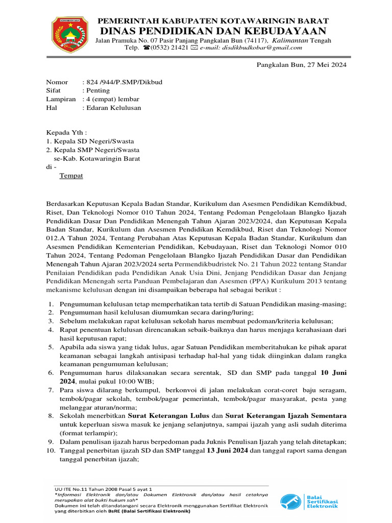 Surat Edaran Kelulusan 2024 | PDF