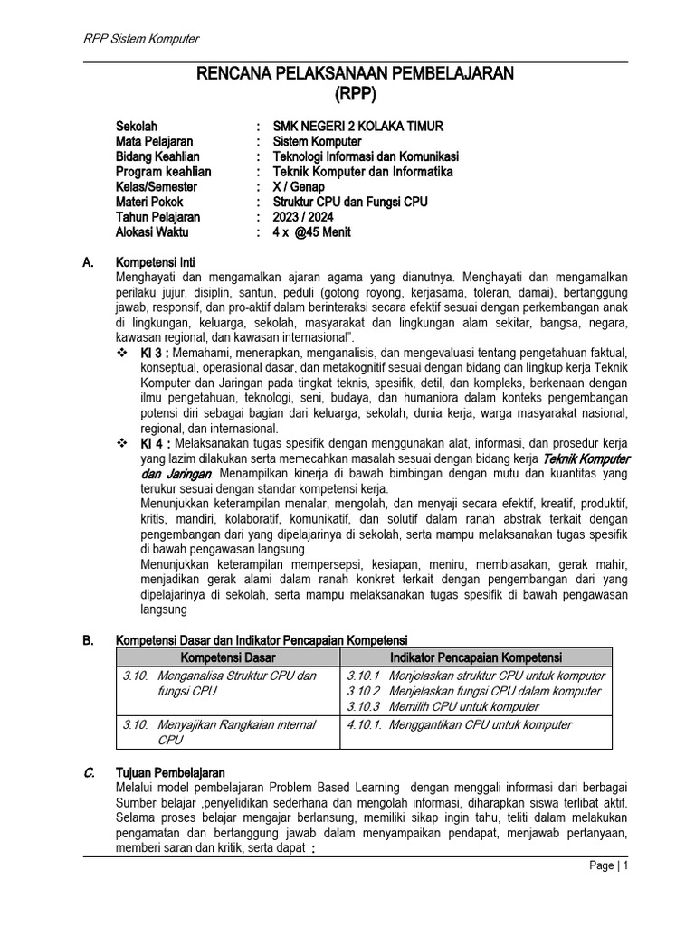 RPP KD-10 Sistem Komputer | PDF | Karier & Perkembangan | Seni