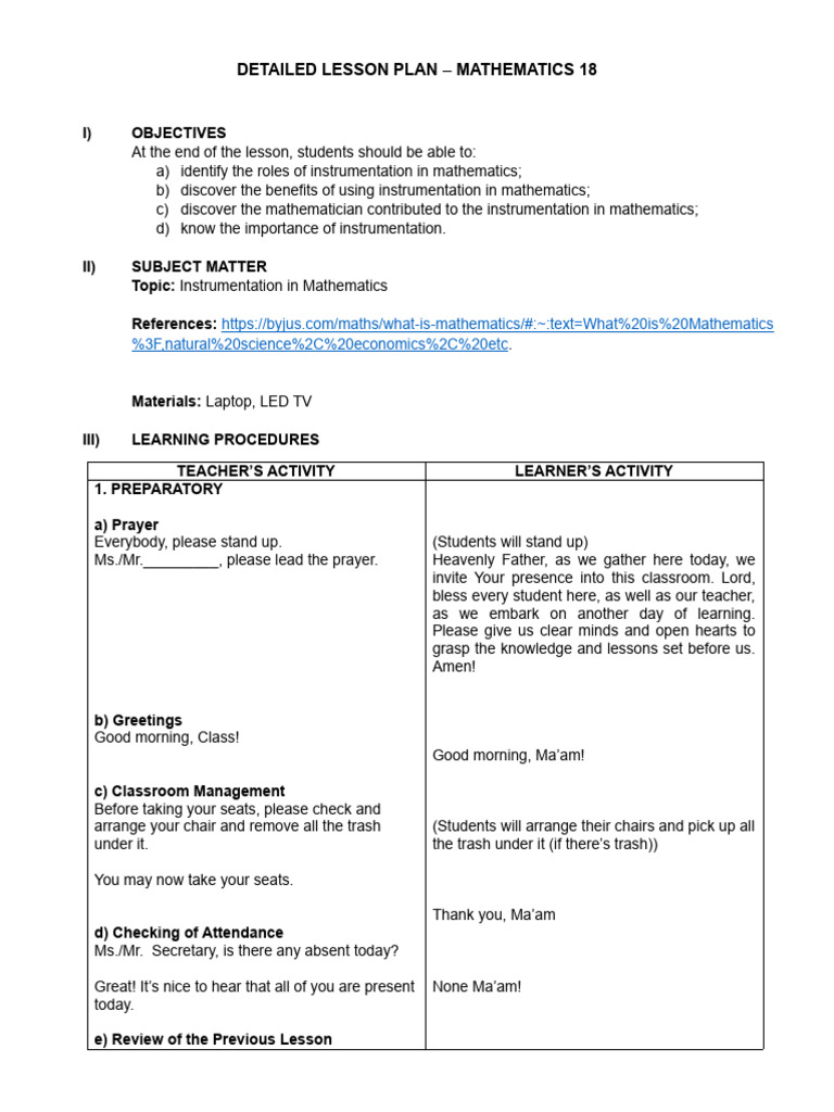 Detailed Lesson Plan Myra (Math 18) | Download Free PDF | Mathematics ...