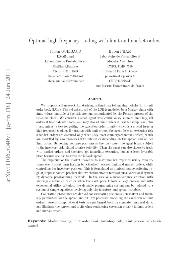 Optimal High Frequency Trading With Limi | PDF | Stochastic Process ... Optimal High Frequency Trading With Limi | PDF | Stochastic Process ...