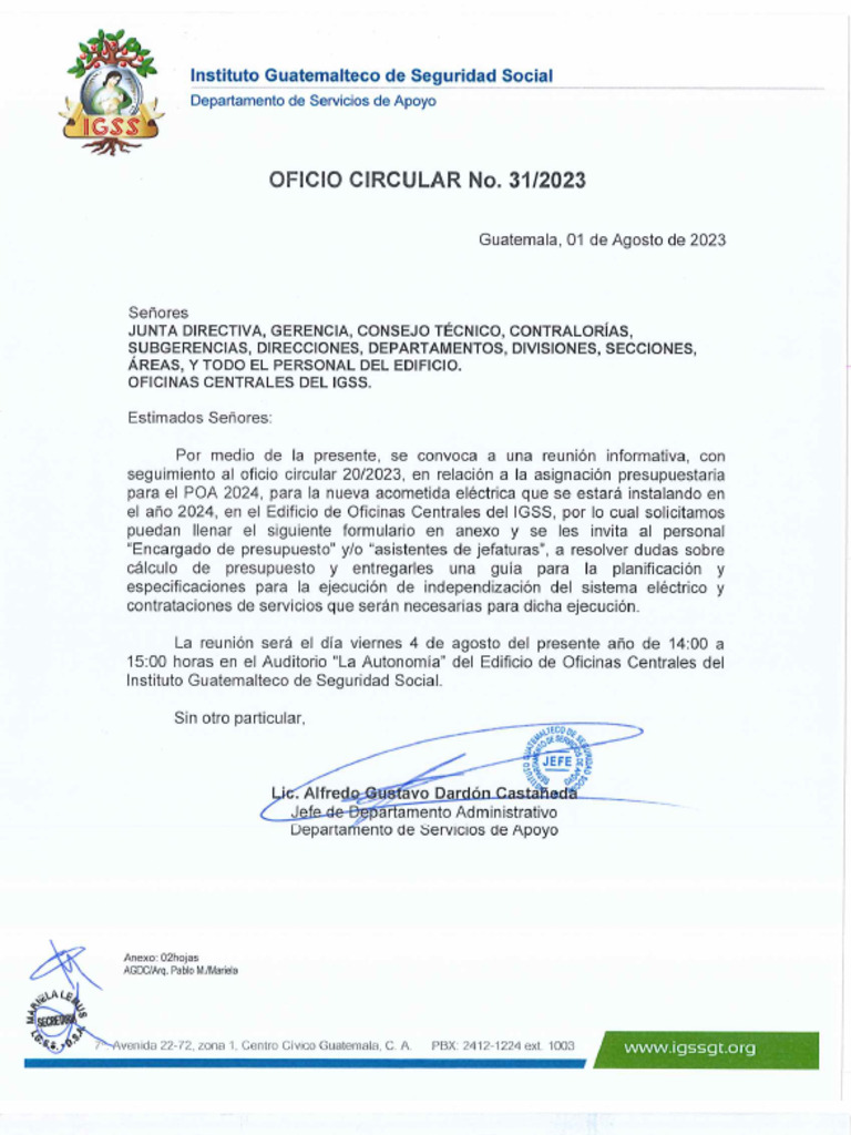 Oficio Circular No. 31-2023 Departamento de Servicios de Apoyo ACOMETIDA | PDF