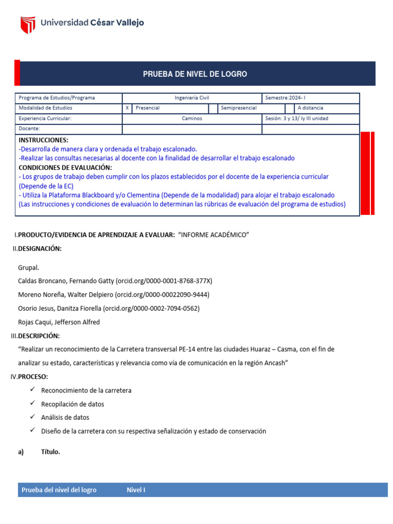 Nivel 1 - PRUEBA DE NIVEL DE LOGRO. | PDF | Evaluación | La carretera