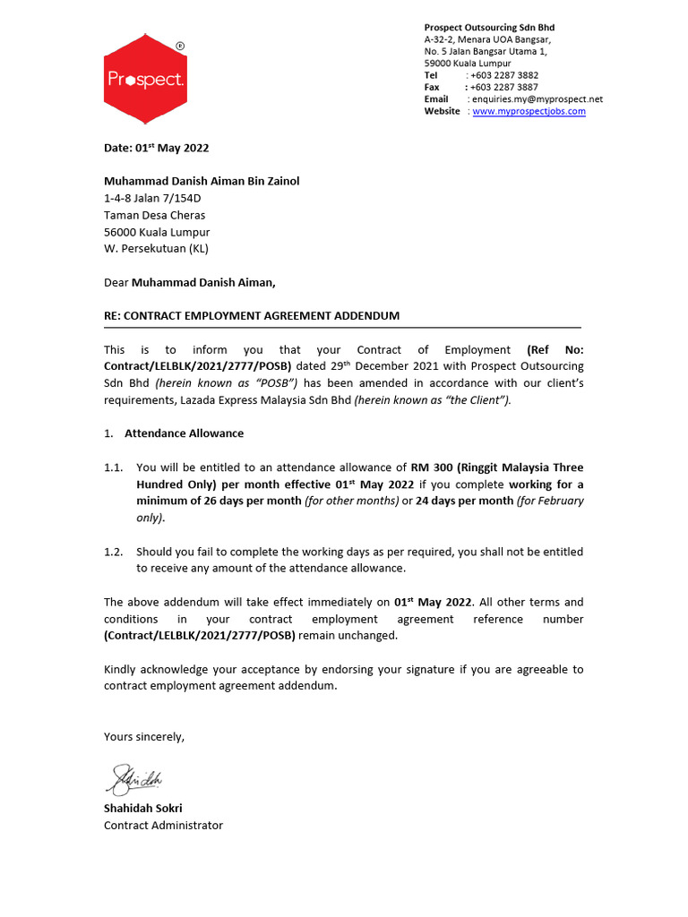 Addendum to Contract Agreement - Muhammad Danish Aiman Bin Zainol | PDF