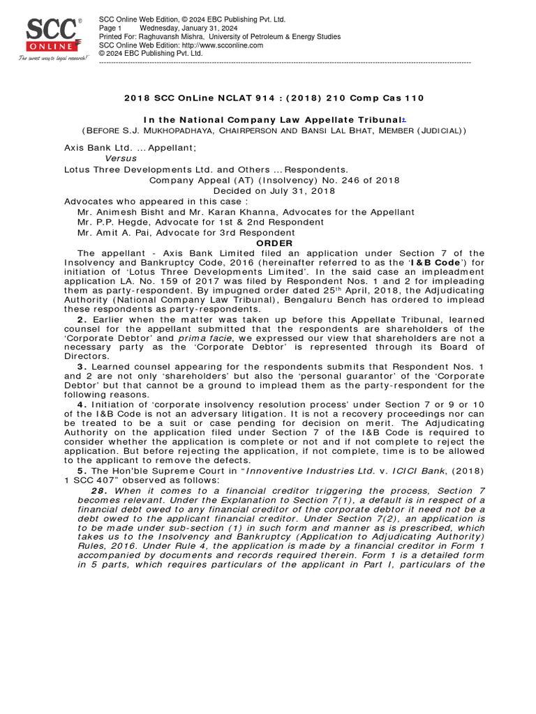 NCLAT Ruling on Axis Bank vs. Lotus Developments | PDF | Bankruptcy ...