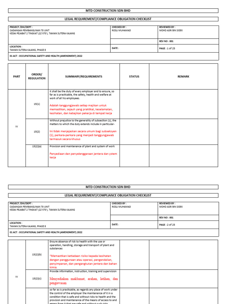 Legal Requirement, Compliance Obligation Checklist TSK P8 a Trans 1 ...