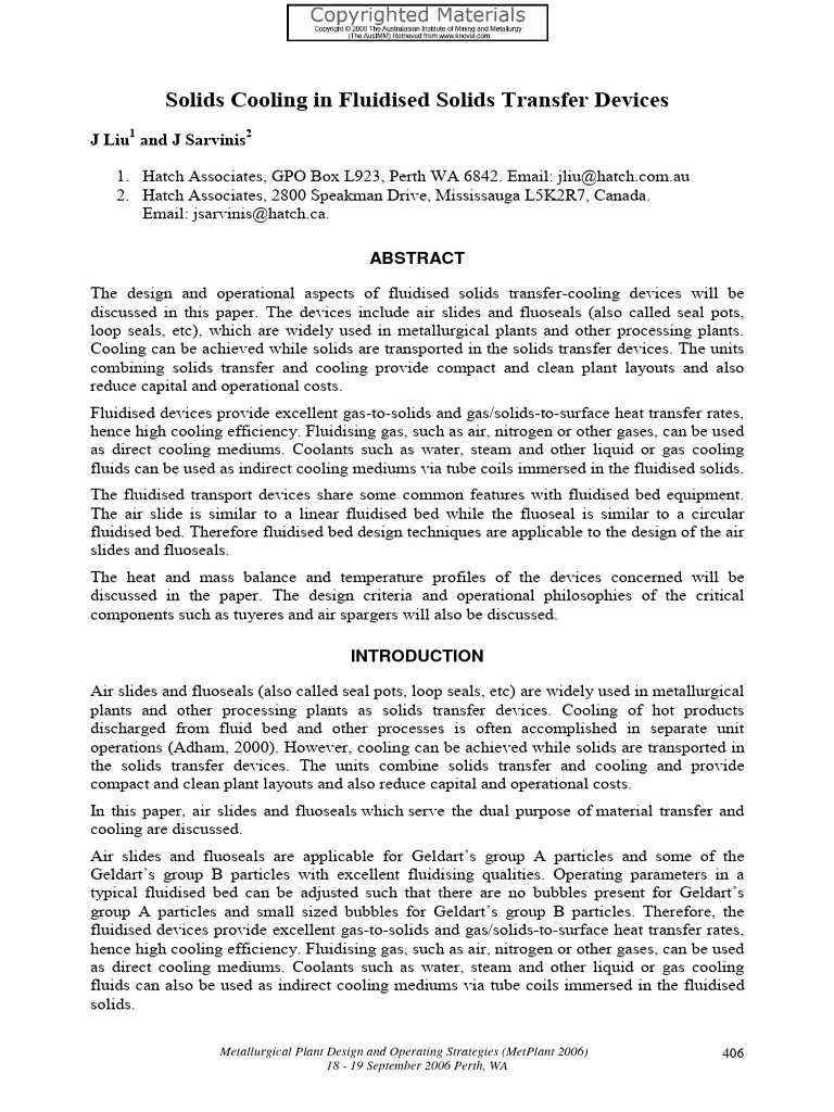 Solids Cooling in Fluidised Solids Transfer Devices: J Liu and J ...