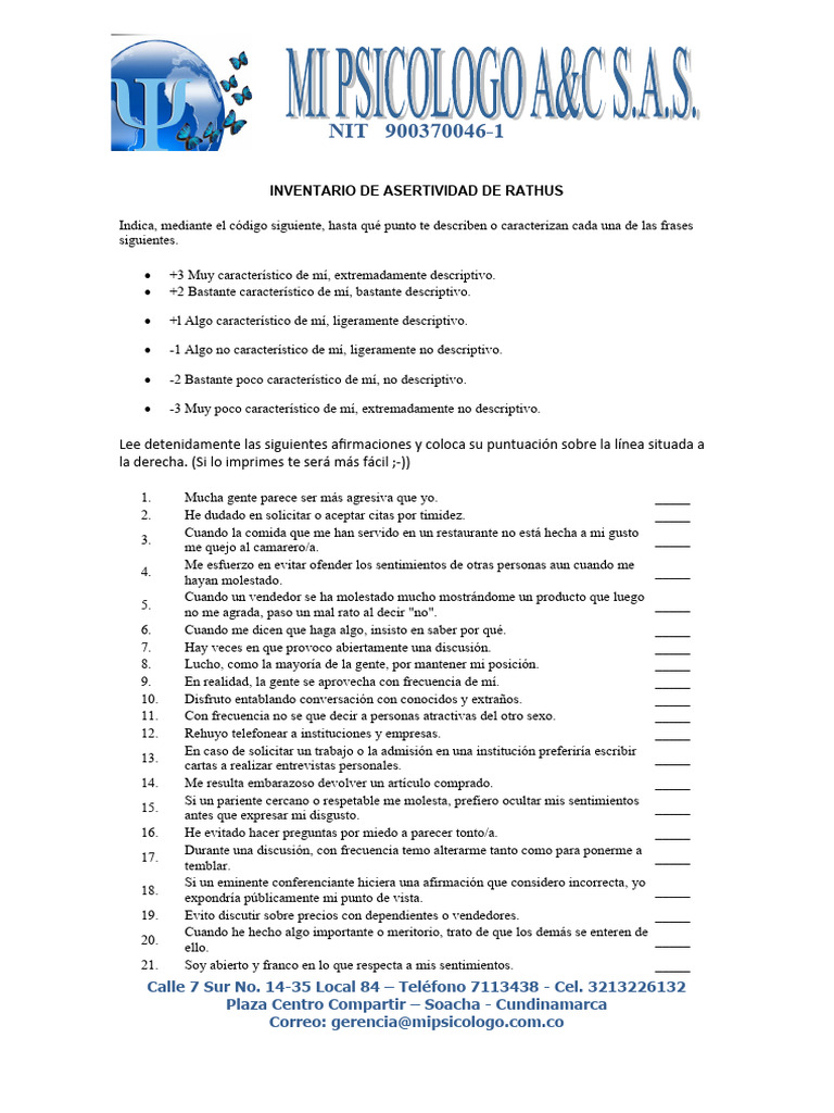 INVENTARIO DE ASERTIVIDAD DE RATHUS | PDF