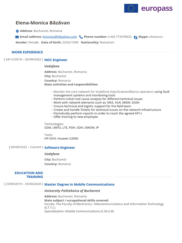 CV - Elena-Monica Băzăvan | PDF | Lte (Telecommunication) | Information ...