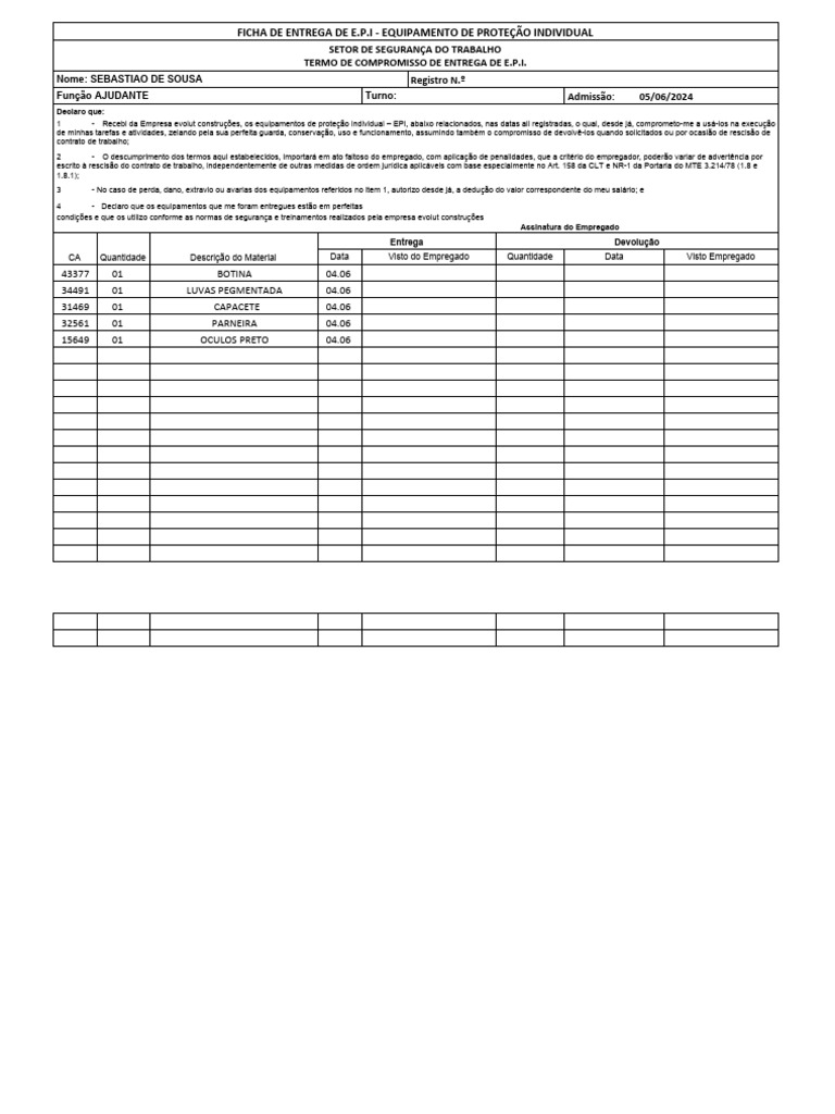 Termo de Entrega de EPI - Segurança no Trabalho | PDF