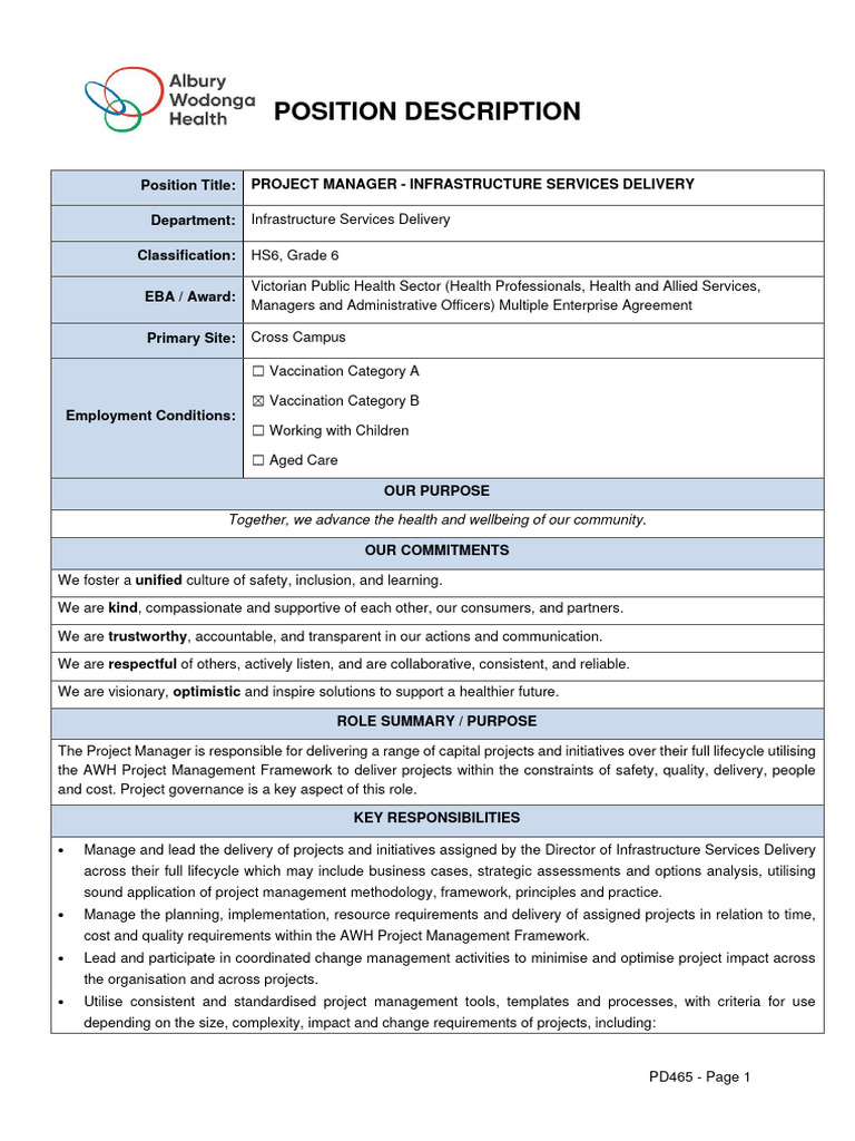 PD0465 Project Manager Infrastructure Delivery V3 | PDF | Project ...