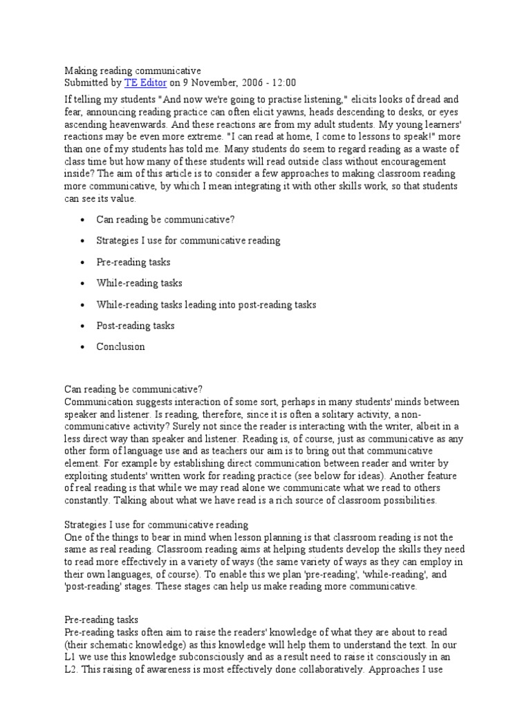 Enhancing Communicative Reading Skills | PDF | Reading (Process ...