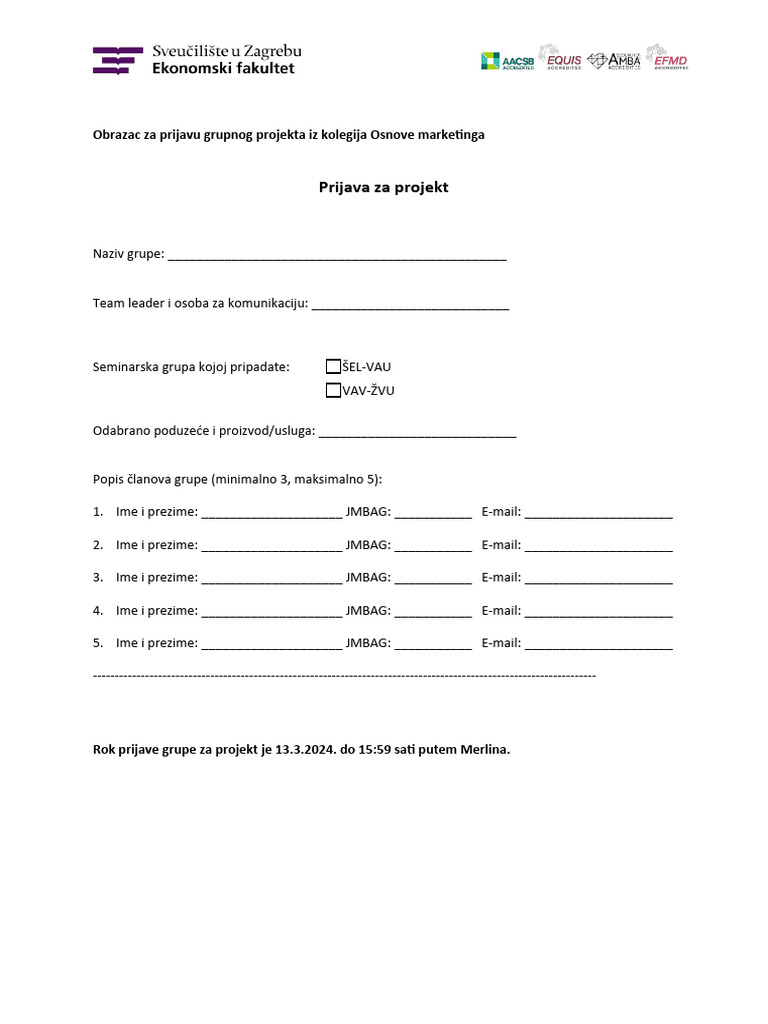Osnove Marketinga Obrazac Za Prijavu Projekta SEL-ZVU | PDF