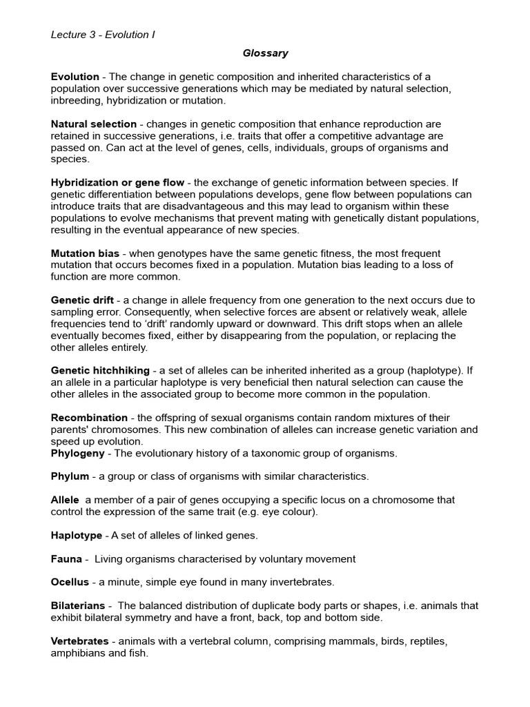 C83VIB EvolutionI Glossary | PDF | Evolution | Genetics