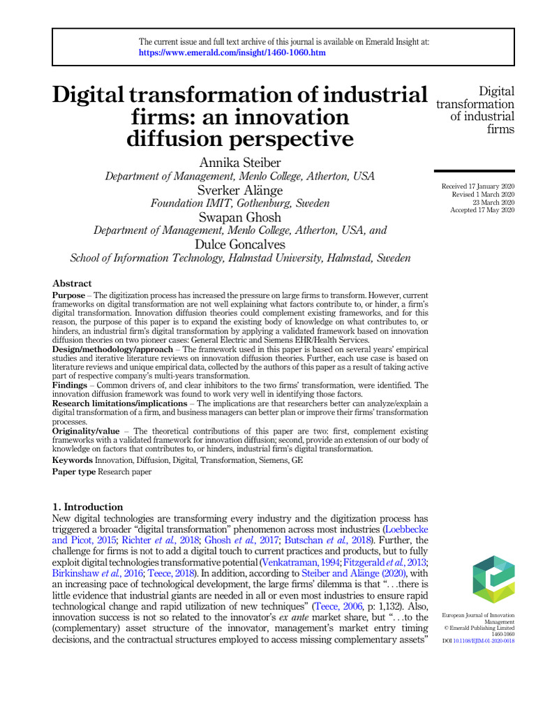Digital Transformation of Industrial Firms an Innovation Diffusion ...