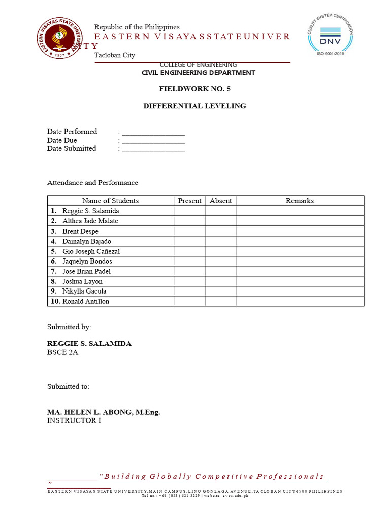 Fieldwork No. 5 Differential Leveling | PDF | Metrology