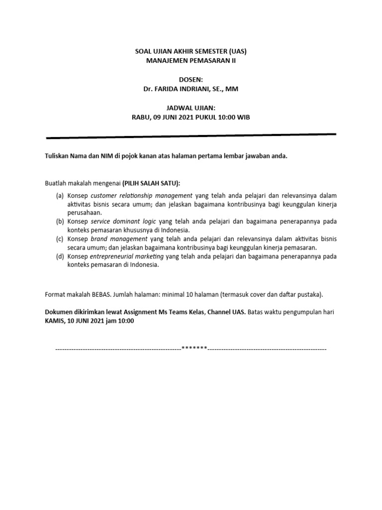 SOAL UAS Manajemen Pemasaran II 09 JUNI 2021 | PDF