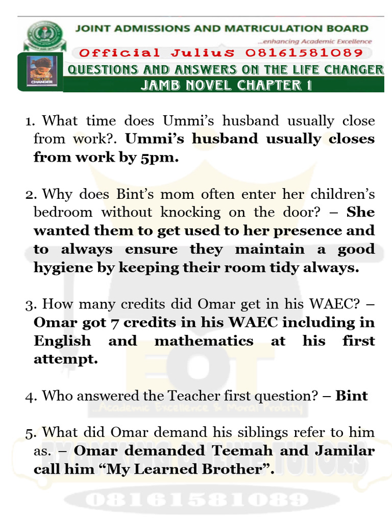 Chapter 1 LIFE CHANGER QUESTION and ANSWERS | PDF | Muhammad
