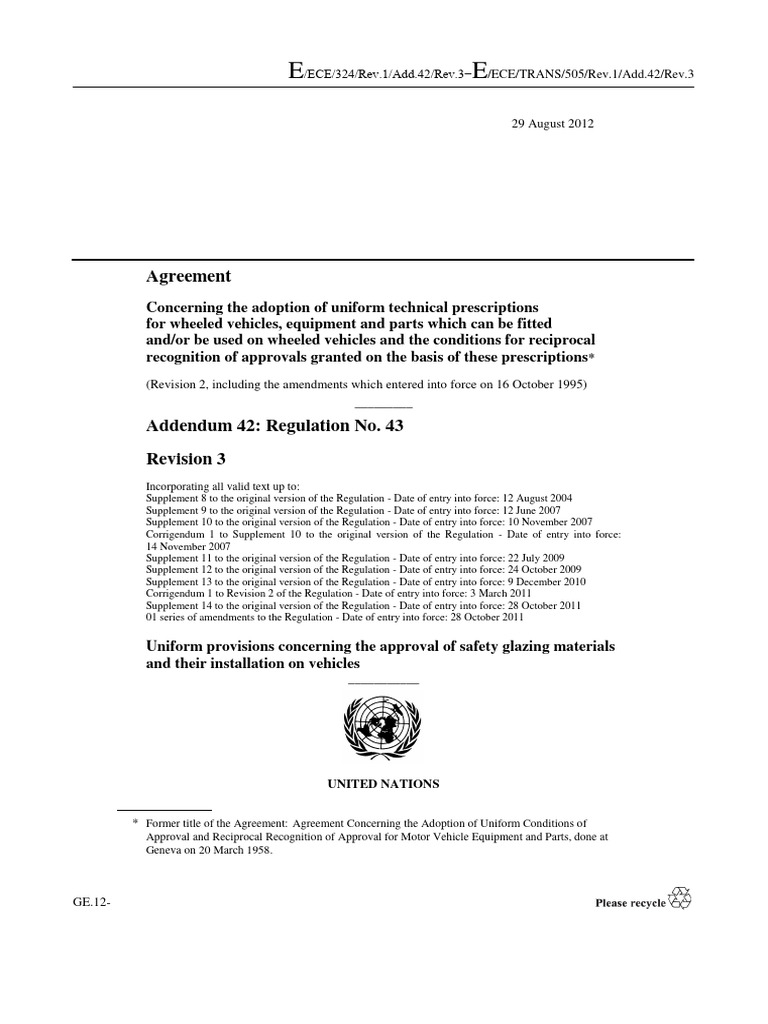 ECE R43: Safety Glazing Regulations | PDF