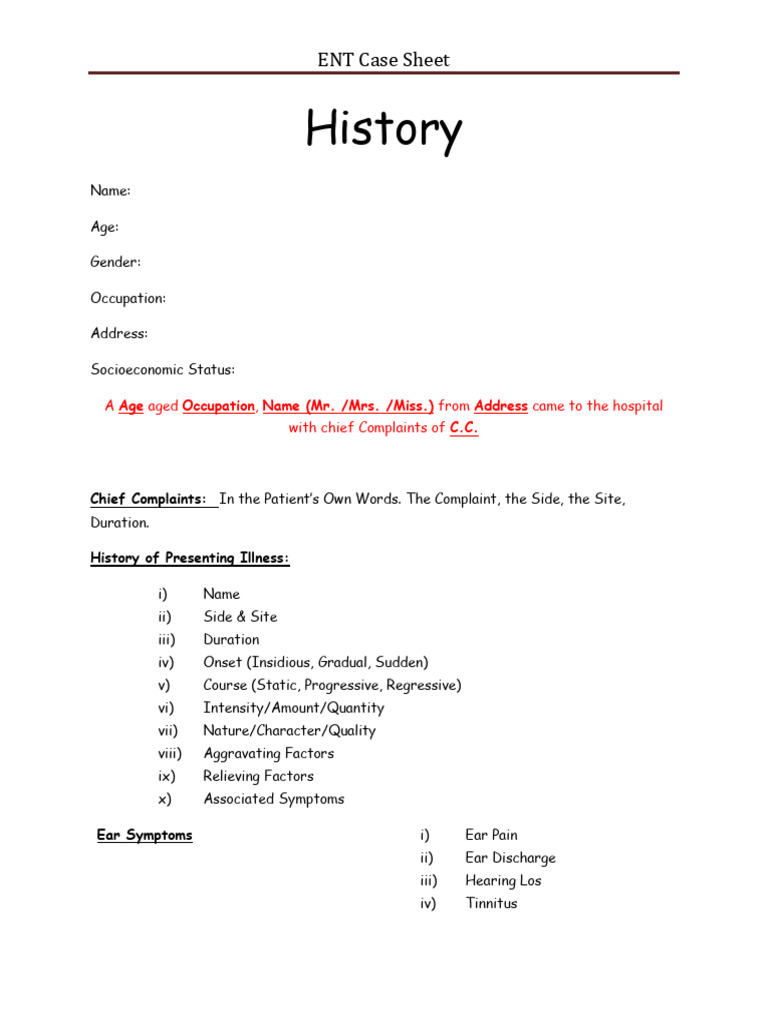 ENT Case Sheet | PDF | Human Nose | Tongue