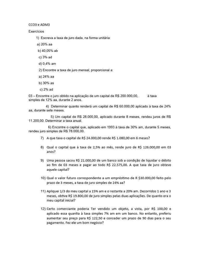 Exercícios CCO3 e ADM3 Juros Simples 2024 | PDF | Juros | Dinheiro