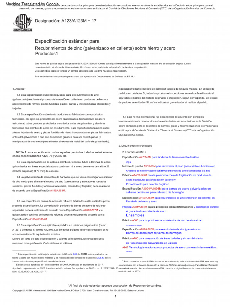 ASTM A123 2017 (1) | PDF | Acero | Revestimiento