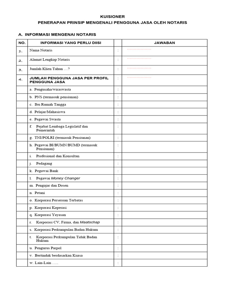 Kuisioner Penerapan PMPJ Notaris | PDF