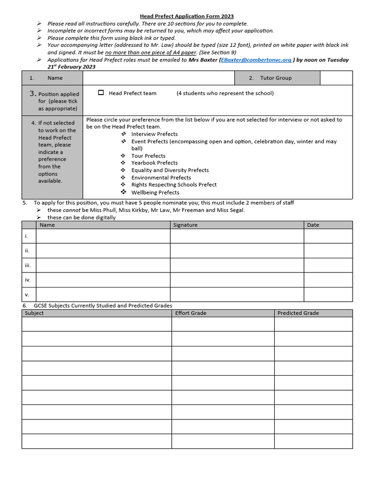 Head Prefect Application Form 2023 | PDF | Cognition