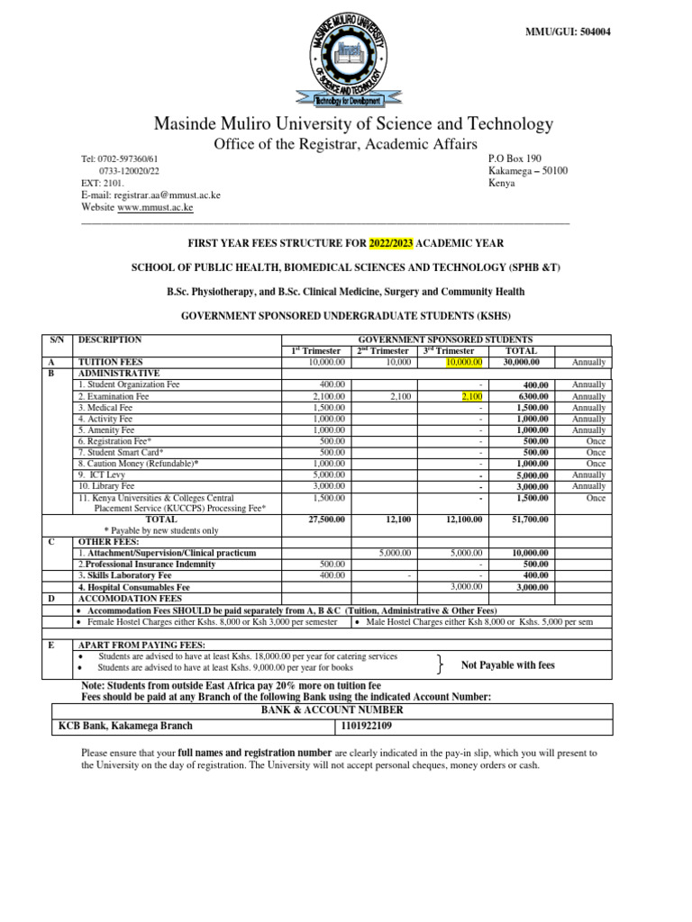 Kuccps Clinical Medicine Physiotherapy Fee Structure 2022-2023 | PDF | Fee | Banks