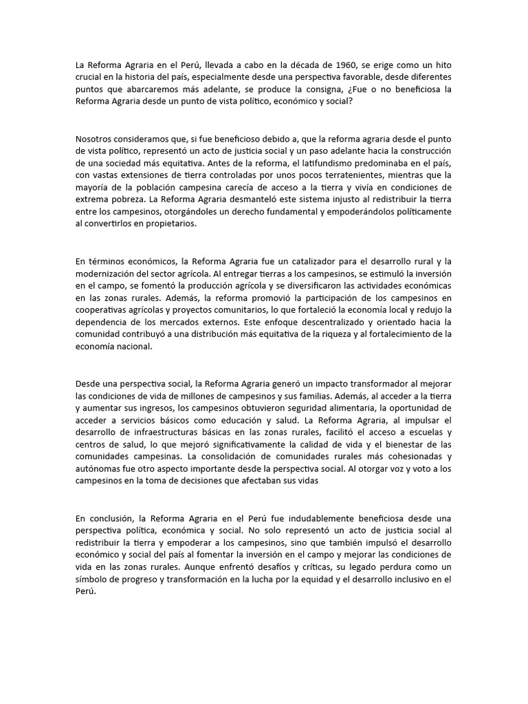 Beneficios de la Reforma Agraria en Perú | PDF | Reforma agraria ...