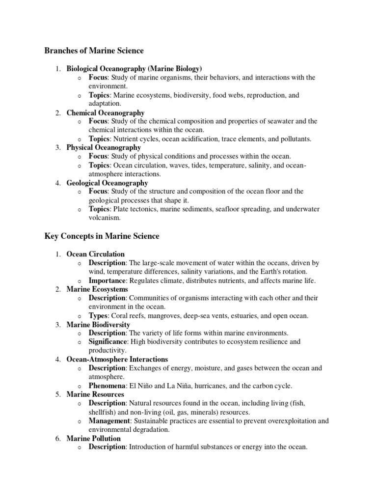 Branches of Marine Science and Key Concepts in Marine Science | PDF ...