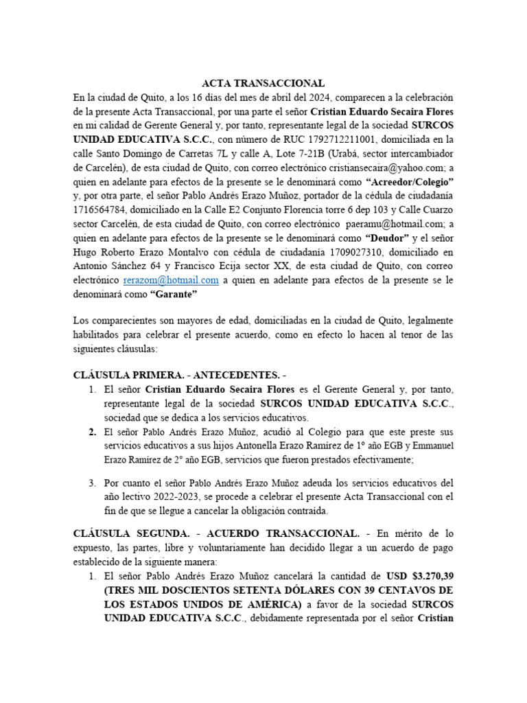 Acta Transaccional Con Garante | PDF | Pagos