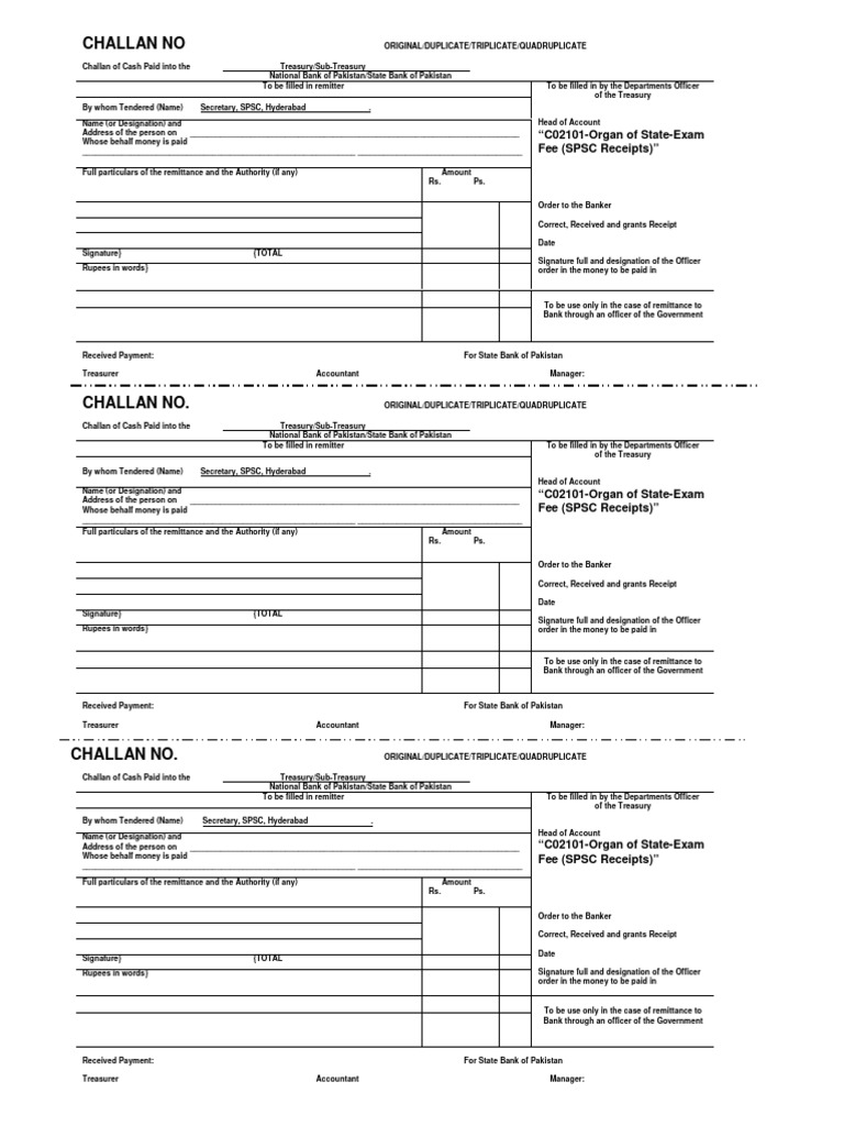 SPSC Treasury Payment Challan Form | PDF | Banks | Money