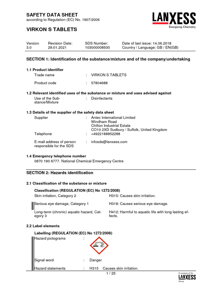 Virkon S Tablets Safety Data Sheet | PDF | Toxicity | Occupational ...
