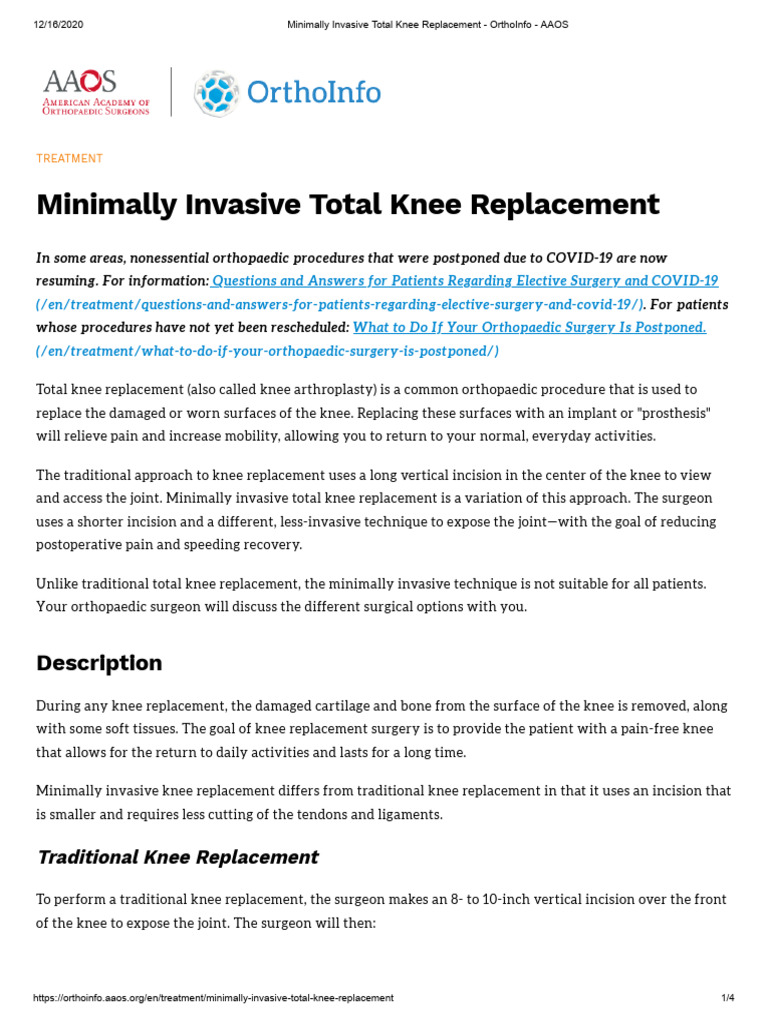 Minimally Invasive Total Knee Replacement - OrthoInfo - AAOS | PDF | Surgery | Knee