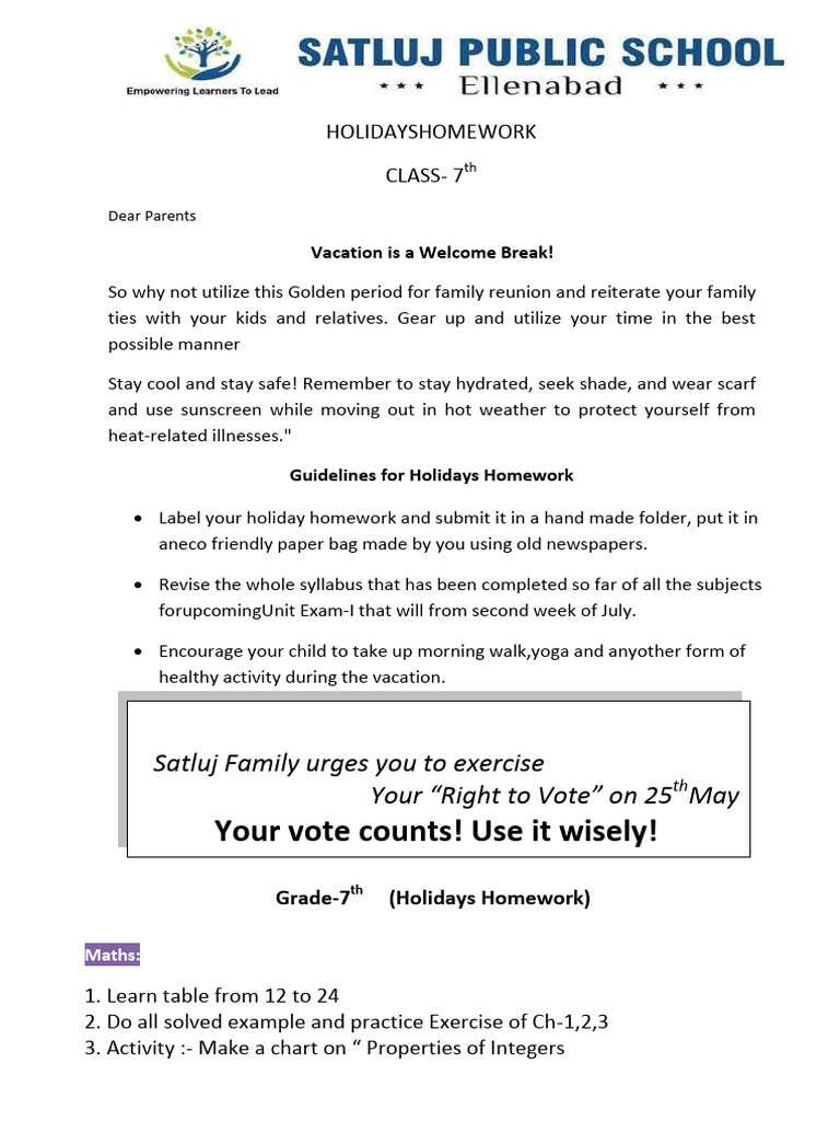 Class 7 Holiday Homework Guide | PDF | Rational Number | Homework