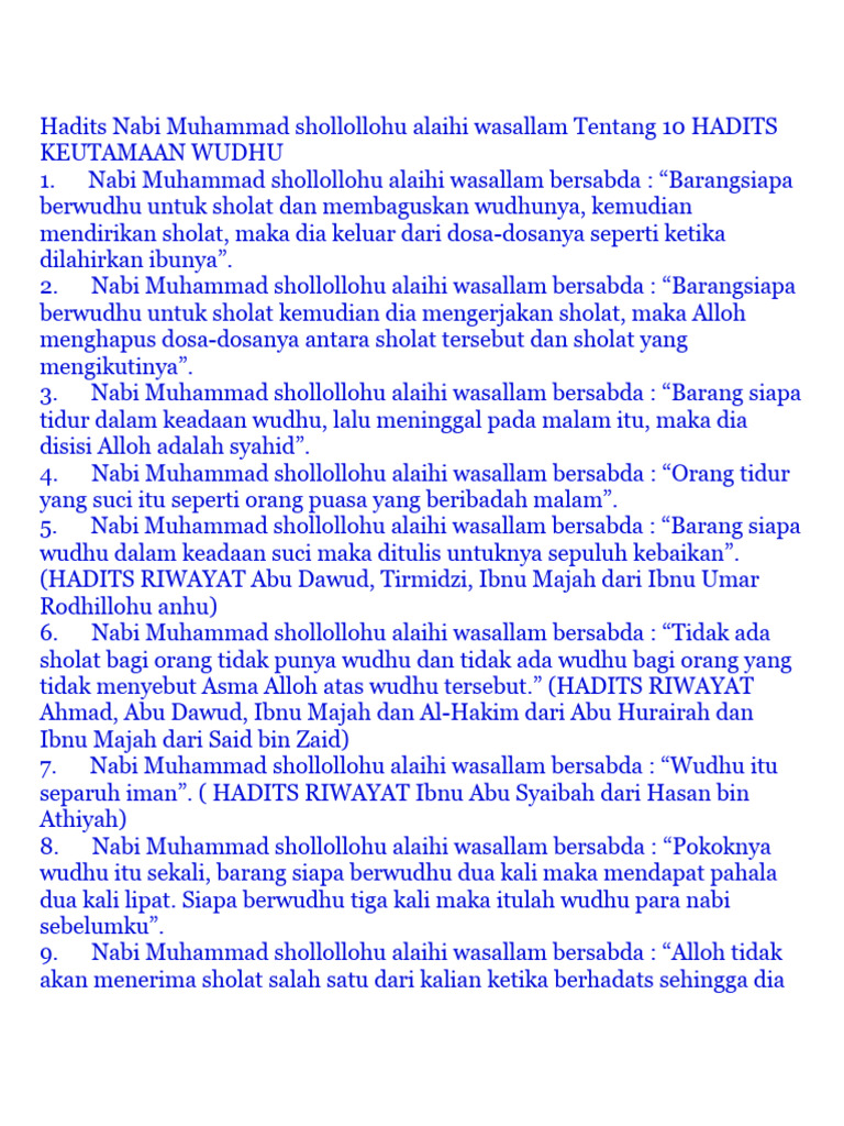 10 Hadits Keutamaan Wudhu dalam Islam | PDF | Agama & Spiritualitas