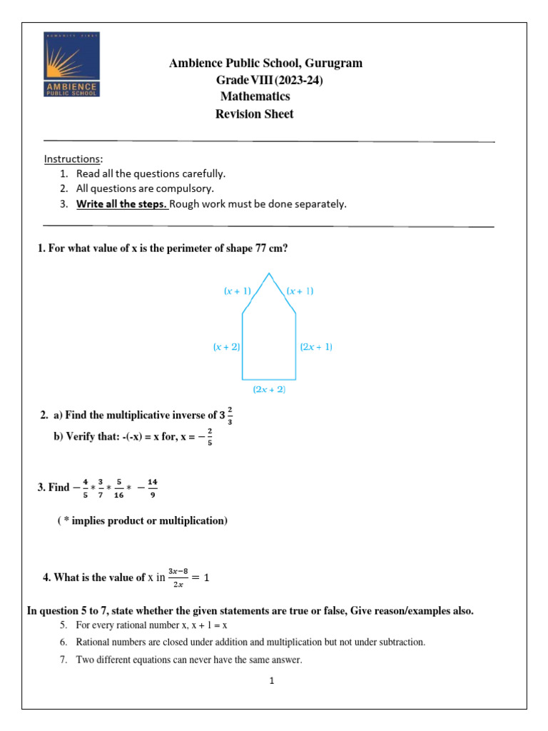 Grade 8 Math - Revision Worksheet | PDF