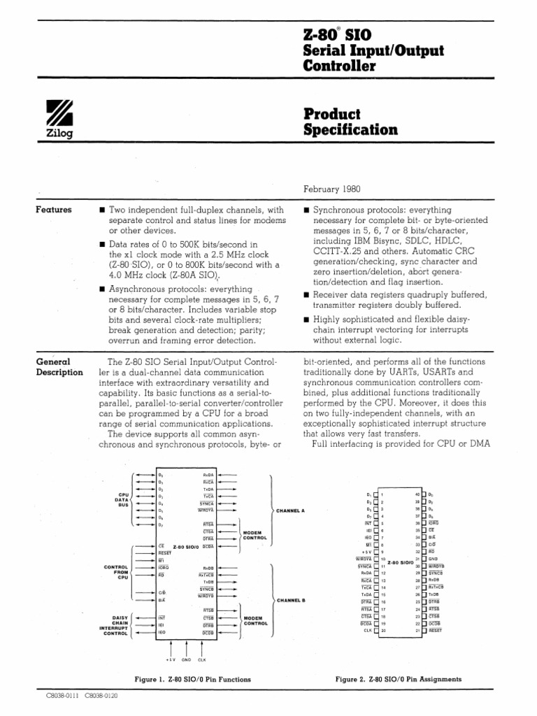 Z80_SIO_Product_Specification_Feb80 | Download Free PDF | Input/Output | Central Processing Unit
