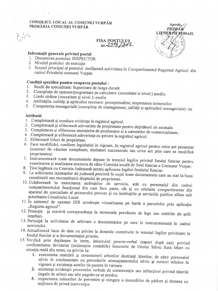 Fisa Post Inspector R.A. | PDF