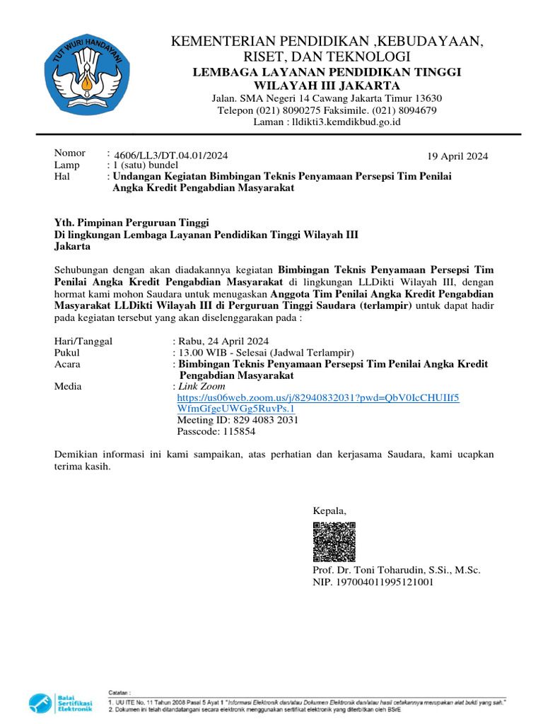 Undangan Kegiatan BIMTEK Tim PAK ABDIMAS 2024 | PDF