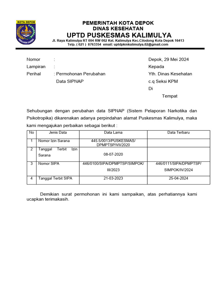 Permohonan Perubahan Data SIPNAP | PDF