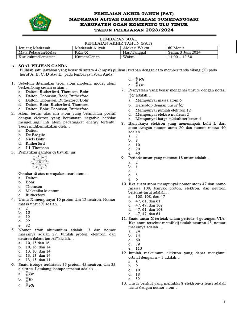 UAS Kelas X KIMIA 2024 | PDF