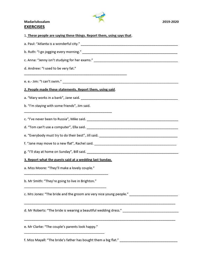 Reported Speech Exercises for Class 7 | PDF | Bride
