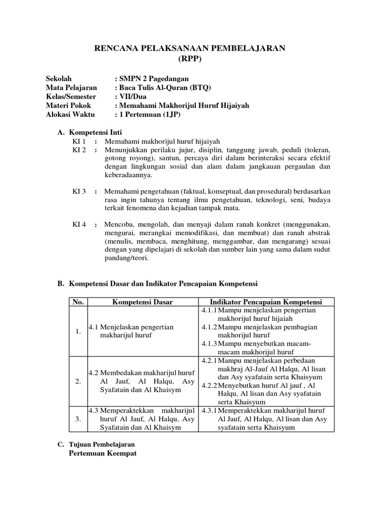 2fa8b RPP BTQ 7 sk4 Memahami Makhorijul Huruf Hijaiyah | PDF