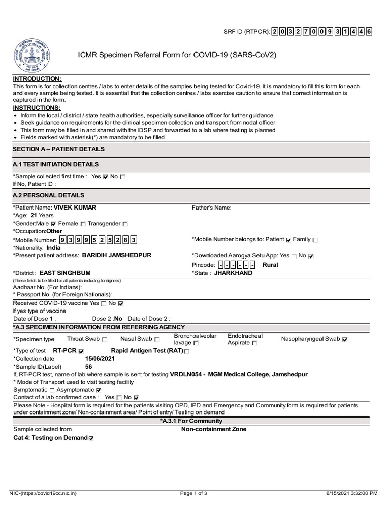 Icmr Specimen Referral Form For Covid-19 (Sars-Cov2) : (These Fields To ...