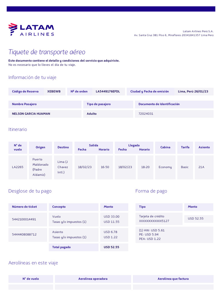 Comprobante_LATAM | Descargar gratis PDF | Transporte | Economias