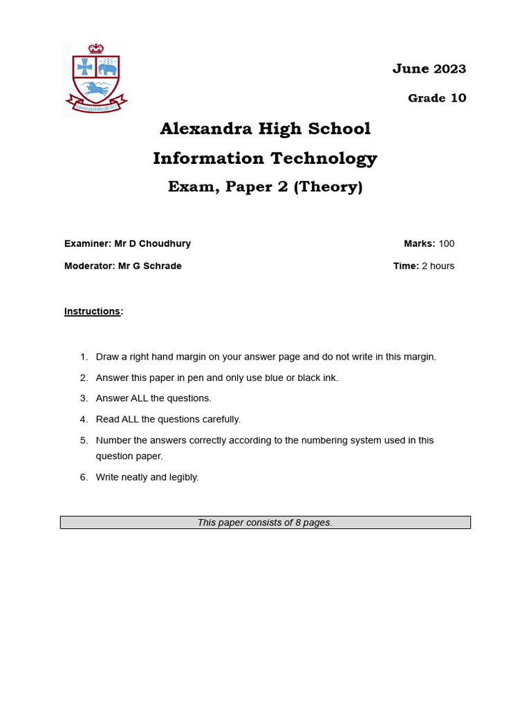 Grade 10, Information Technology, Paper 2, Theory, June Exam 2023 ...