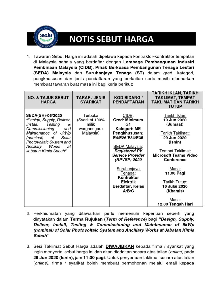 SEDA (SH) 062020 - Notis Sebut Harga - JK Sabah-Final | PDF